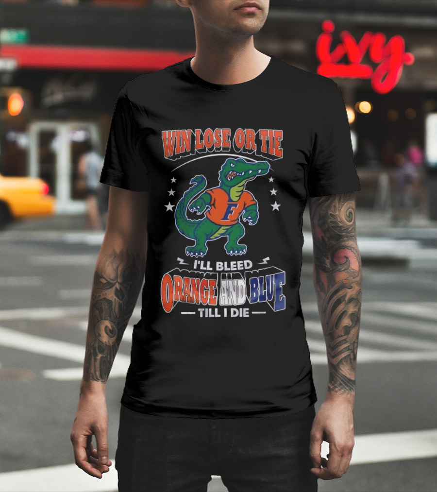 Win Lose Or Tie I'll Bleed Orange And Blue Till I Die Florida Gators Mascot T-Shirt
