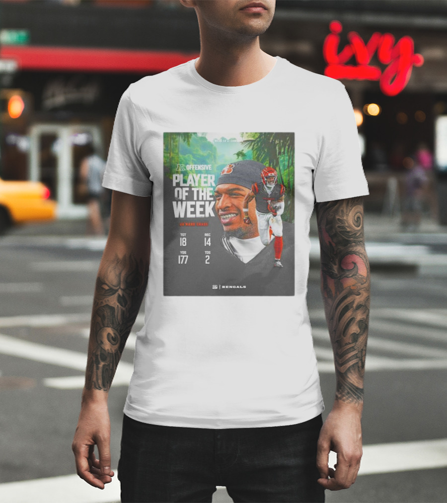 Ja’Marr Chase Cincinnati Bengals AFC Offensive Player Of The Week TGT 18 REC 14 YDS 177 TDS 2 Bengals T-Shirt