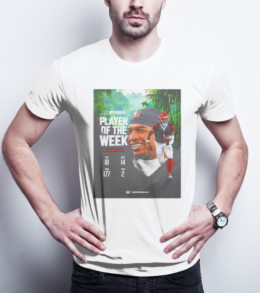 Ja’Marr Chase Cincinnati Bengals AFC Offensive Player Of The Week TGT 18 REC 14 YDS 177 TDS 2 Bengals T-Shirt