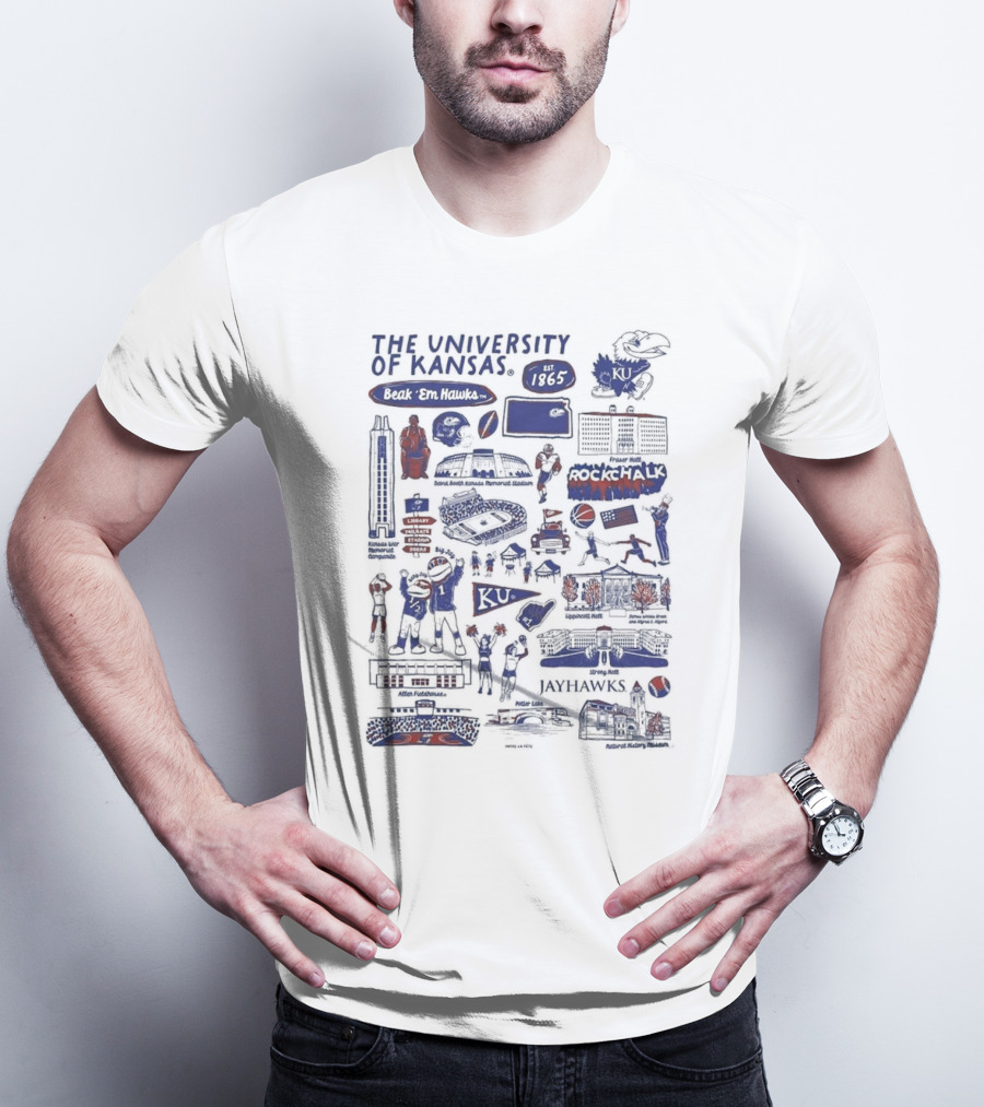 The University Of Kansas Est 1865 Beak 'Em Hawks Rock Chalk Jayhawks Allen Fieldhouse Memorial Stadium Jayhawk Blvd KU Icons And Sports T-Shirt