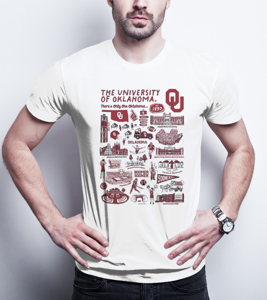 The University Of Oklahoma There's Only One Oklahoma Est 1890 OU Boomer Sooner Landmarks And Traditions T-Shirt