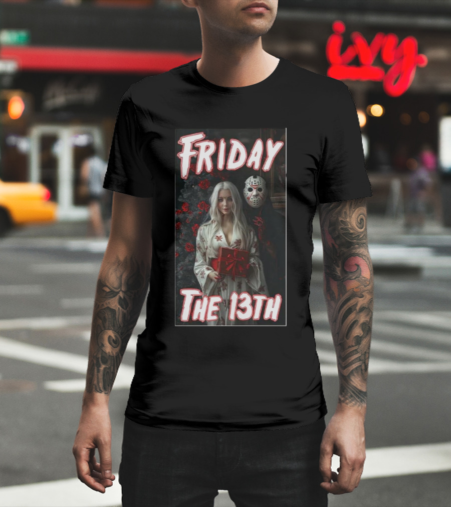 Friday The 13th Horror Inspired Roses And Mask Scene T-Shirt