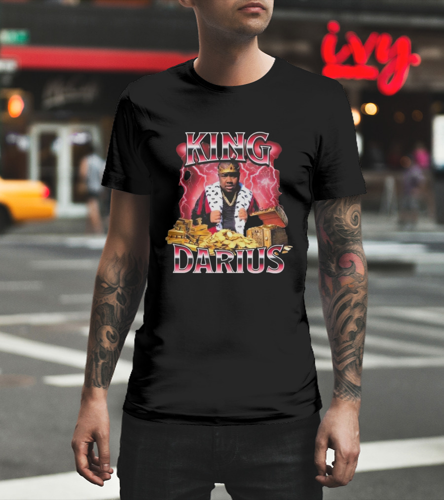 King Darius Royal Gold Treasure With Crown And Lightning Background T-Shirt