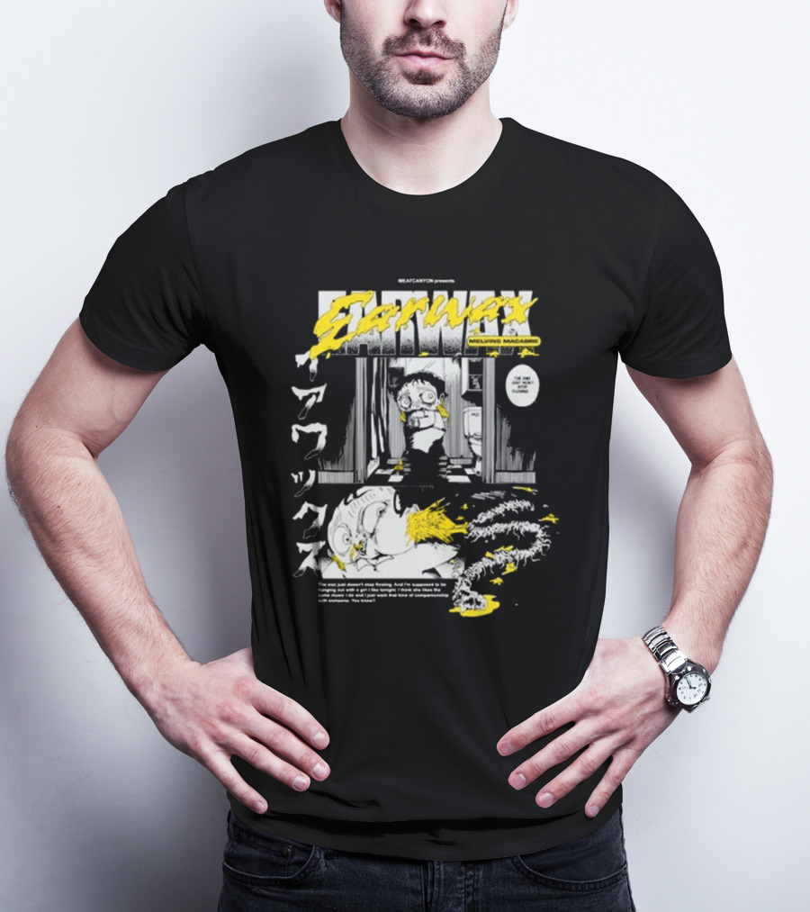 MEATCANYON Presents Earwax Melvin's Macabre Manga Comic Creepy Yellow Text Character Panels T-Shirt