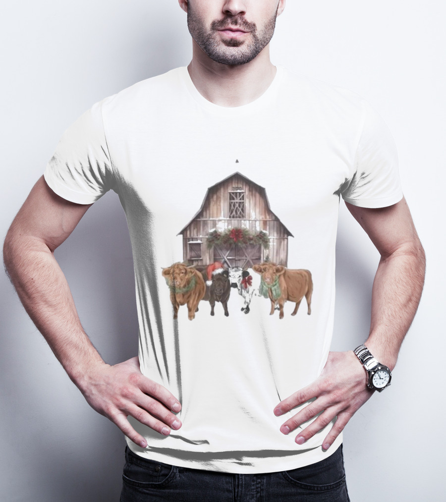 Katie Van Slyke Christmas Cows Barn Holiday Scene By Katie Van Slyke T-Shirt