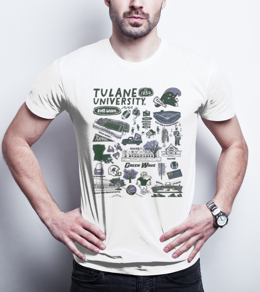 Tulane University Green Wave Roll Wave New Orleans Landmarks Est 1834 Tulane Stadium Riptide Mascot Iconography T-Shirt