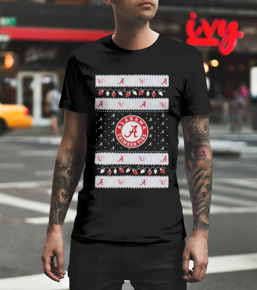 Alabama Crimson Tide A Repeated Pattern Christmas Lights Sweater Holiday T-Shirt