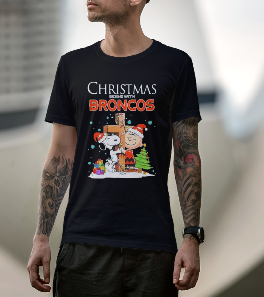 Christmas Begins With Broncos Charlie Brown Snoopy Hug Cross T-Shirt