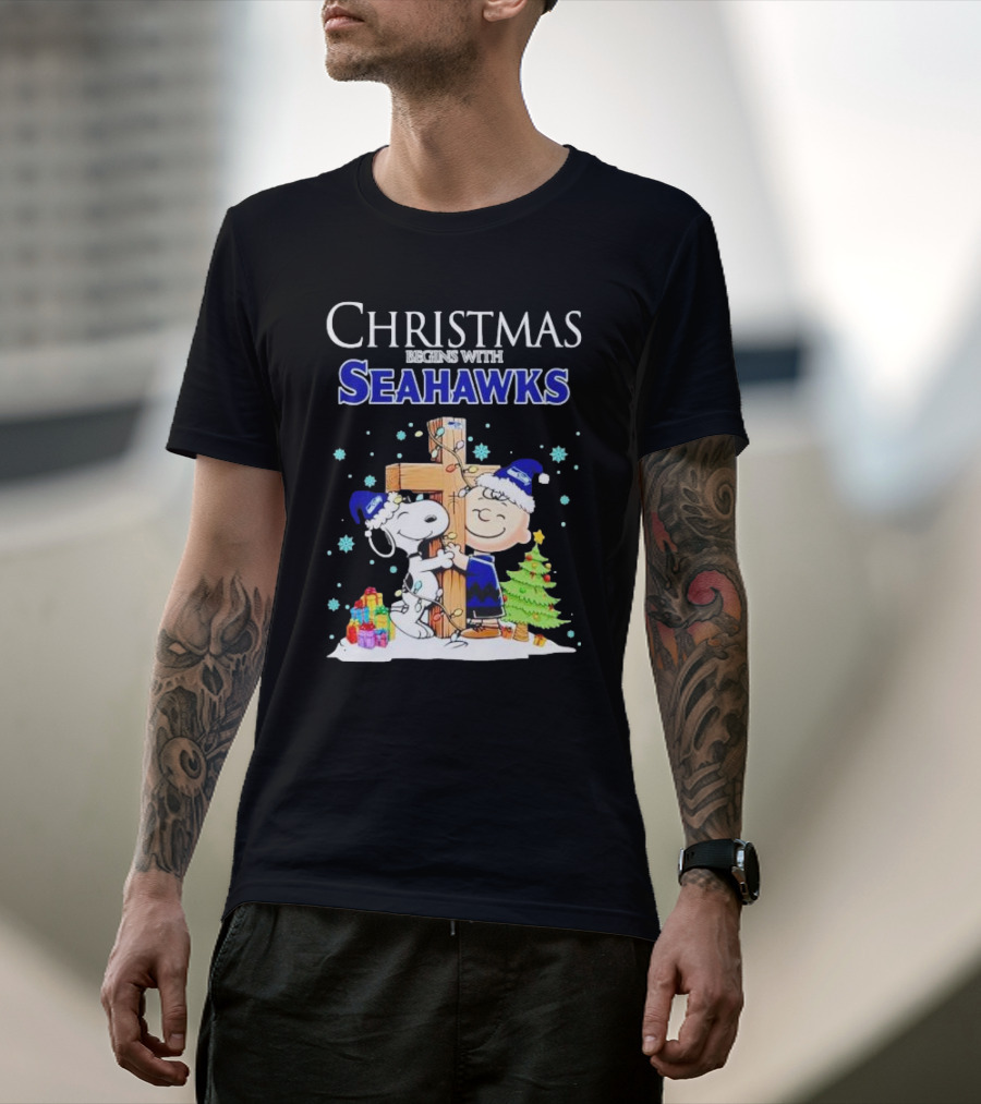 Christmas Begins With Seahawks Charlie Brown Snoopy Jesus Cross T-Shirt