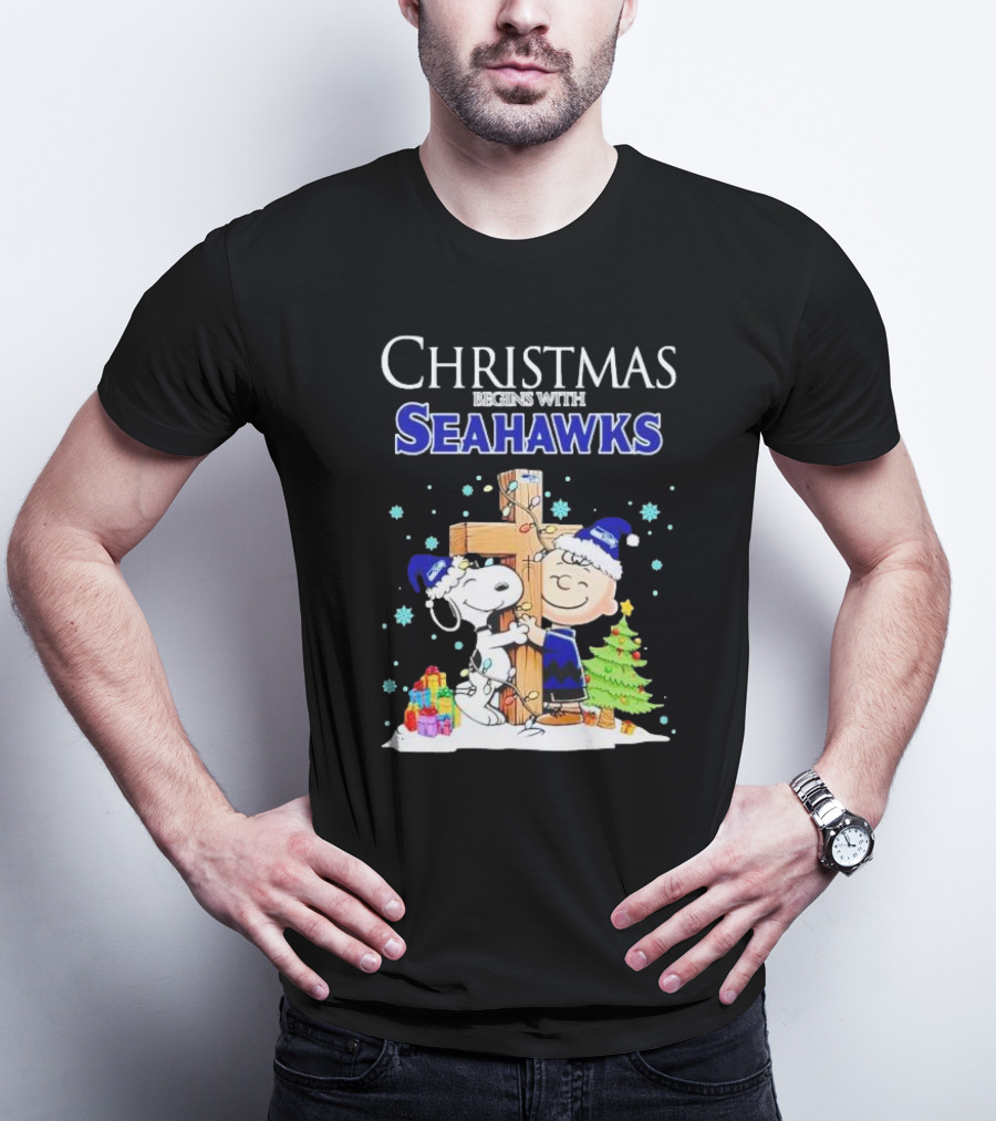 Christmas Begins With Seahawks Charlie Brown Snoopy Jesus Cross T-Shirt