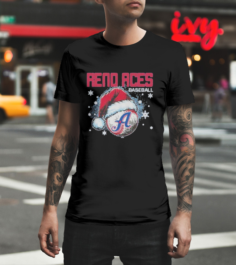 Reno Aces Baseball Santa Hat Christmas Holiday Snowflakes T-Shirt