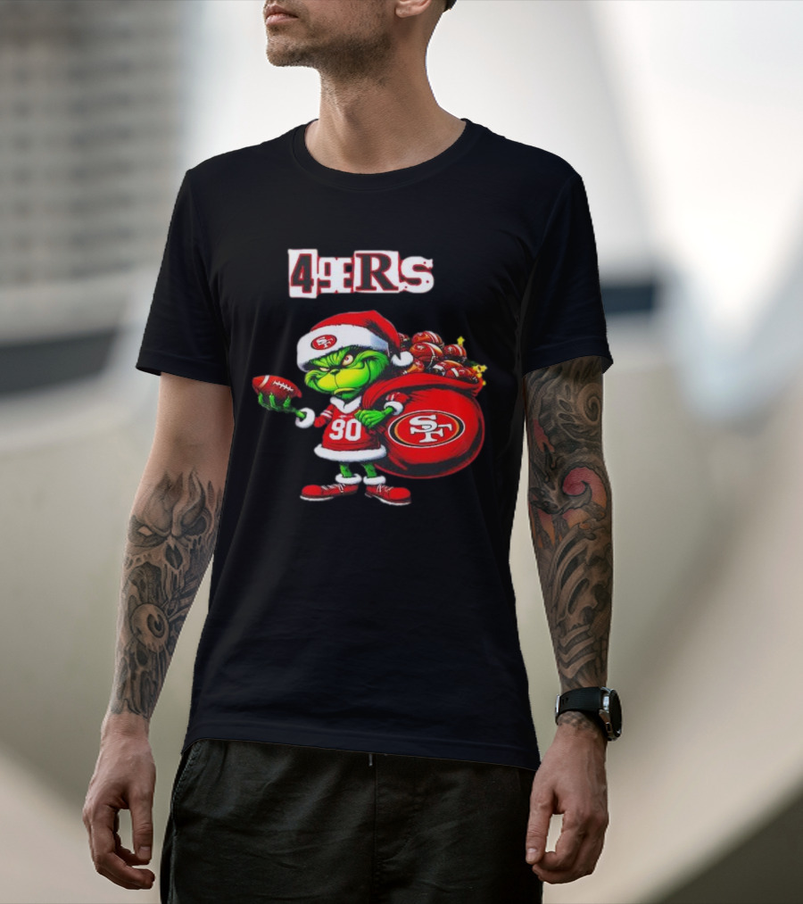 San Francisco 49ers Grinch With Santa Hat And Football Sack Christmas T-Shirt