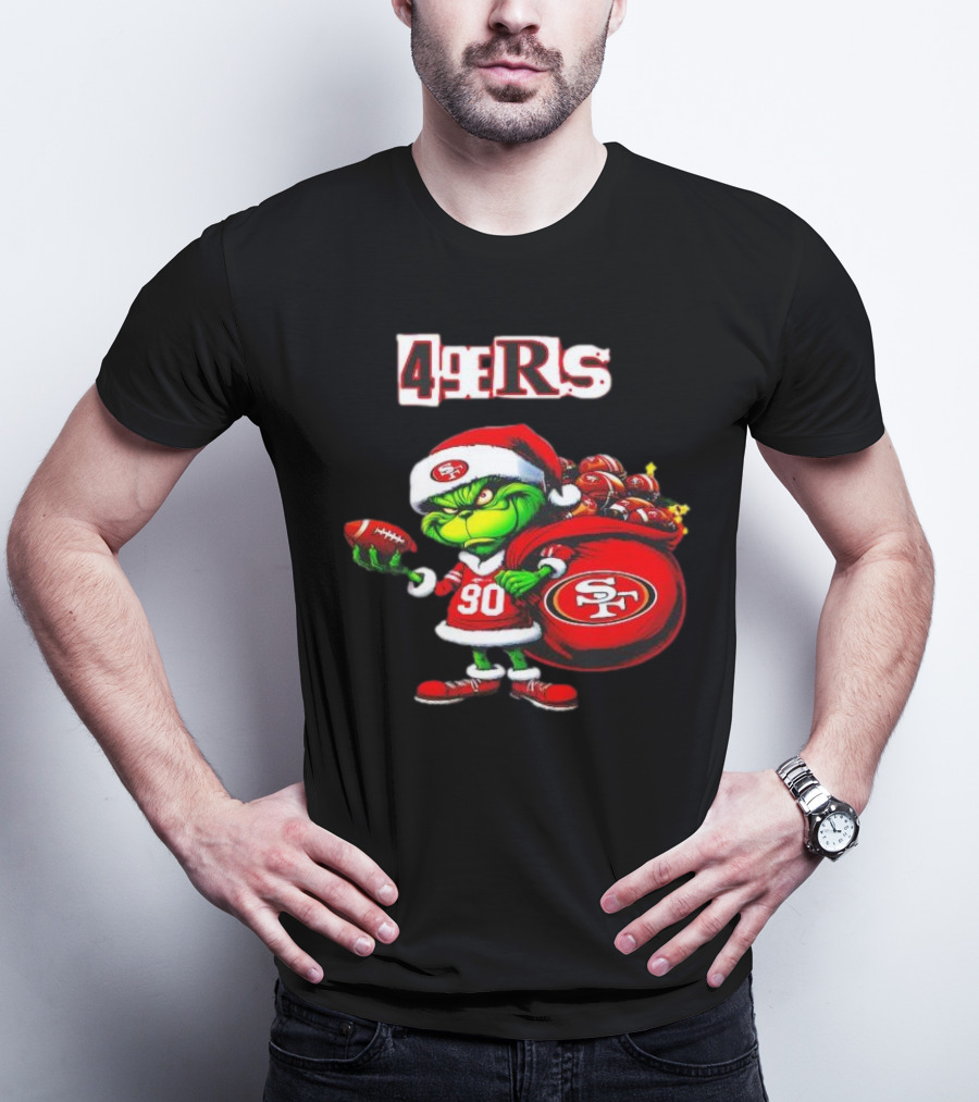 San Francisco 49ers Grinch With Santa Hat And Football Sack Christmas T-Shirt