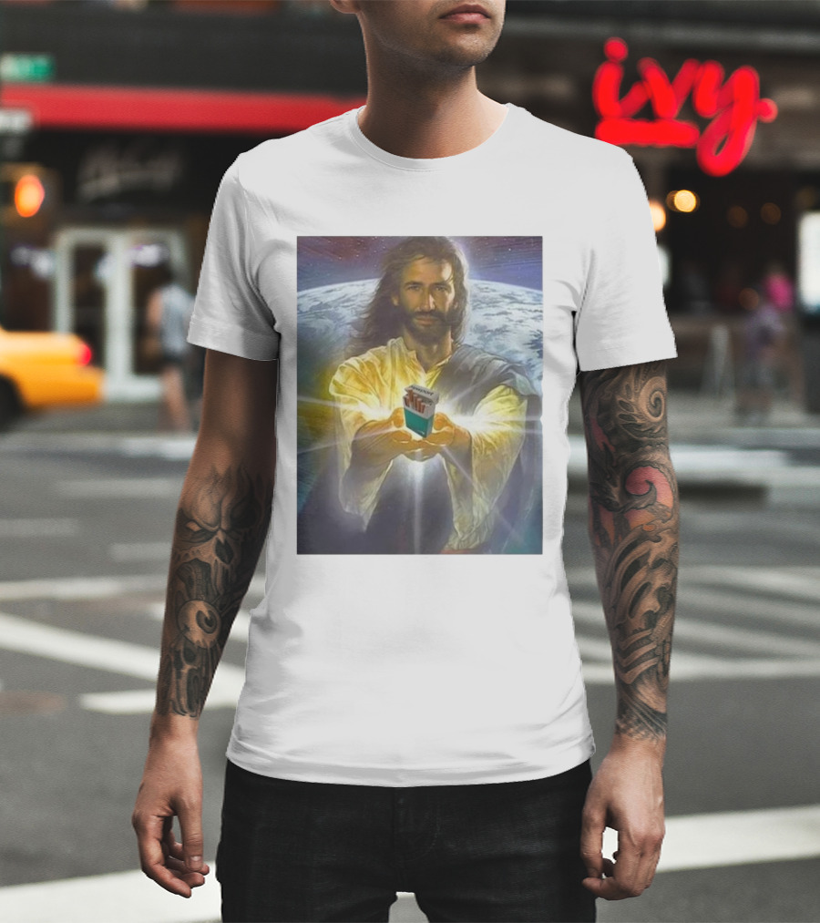 Jesus Offering Marlboro Cigarettes On Cosmic Background T-Shirt