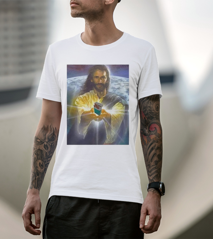 Jesus Offering Marlboro Cigarettes On Cosmic Background T-Shirt