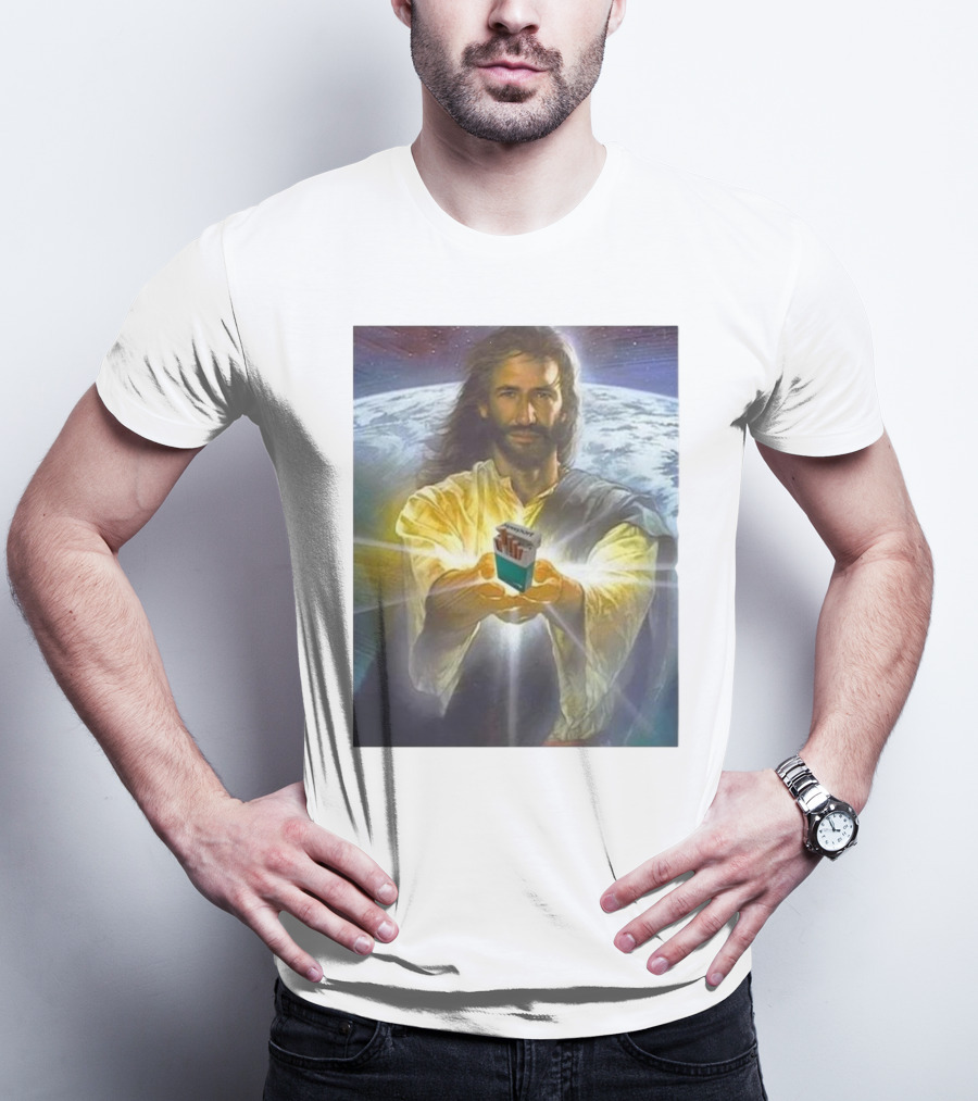 Jesus Offering Marlboro Cigarettes On Cosmic Background T-Shirt