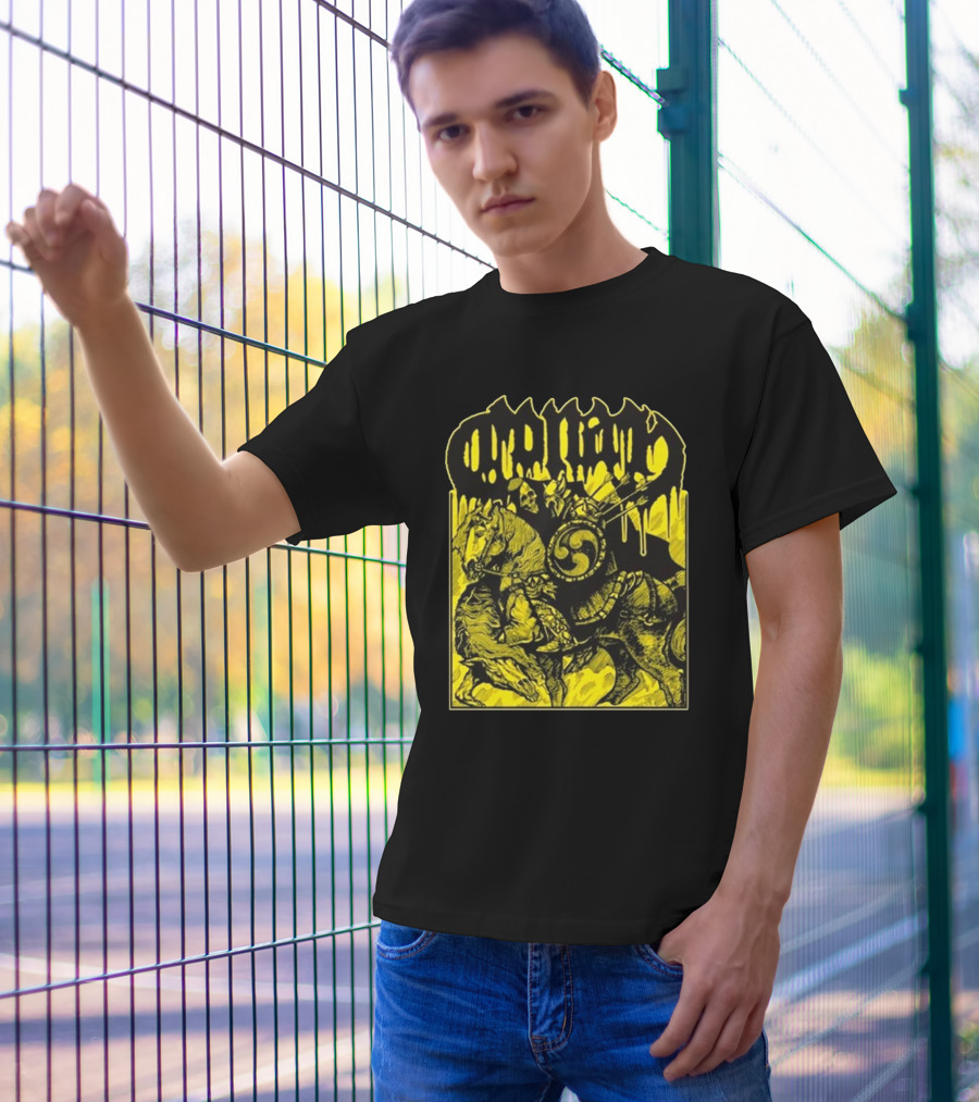 Conan Horseback Warrior With Shield And Hammer On Black And Yellow T-Shirt