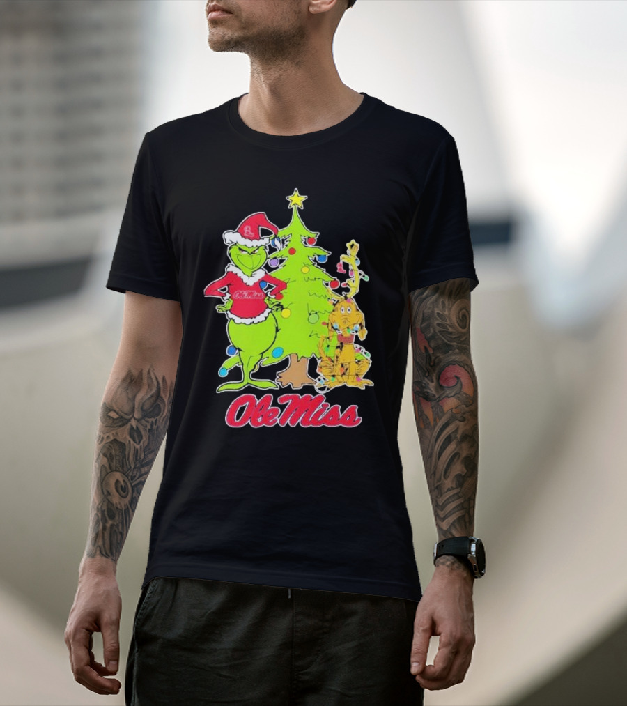 Ole Miss Rebels Grinch And Max Dog Christmas Tree T-Shirt