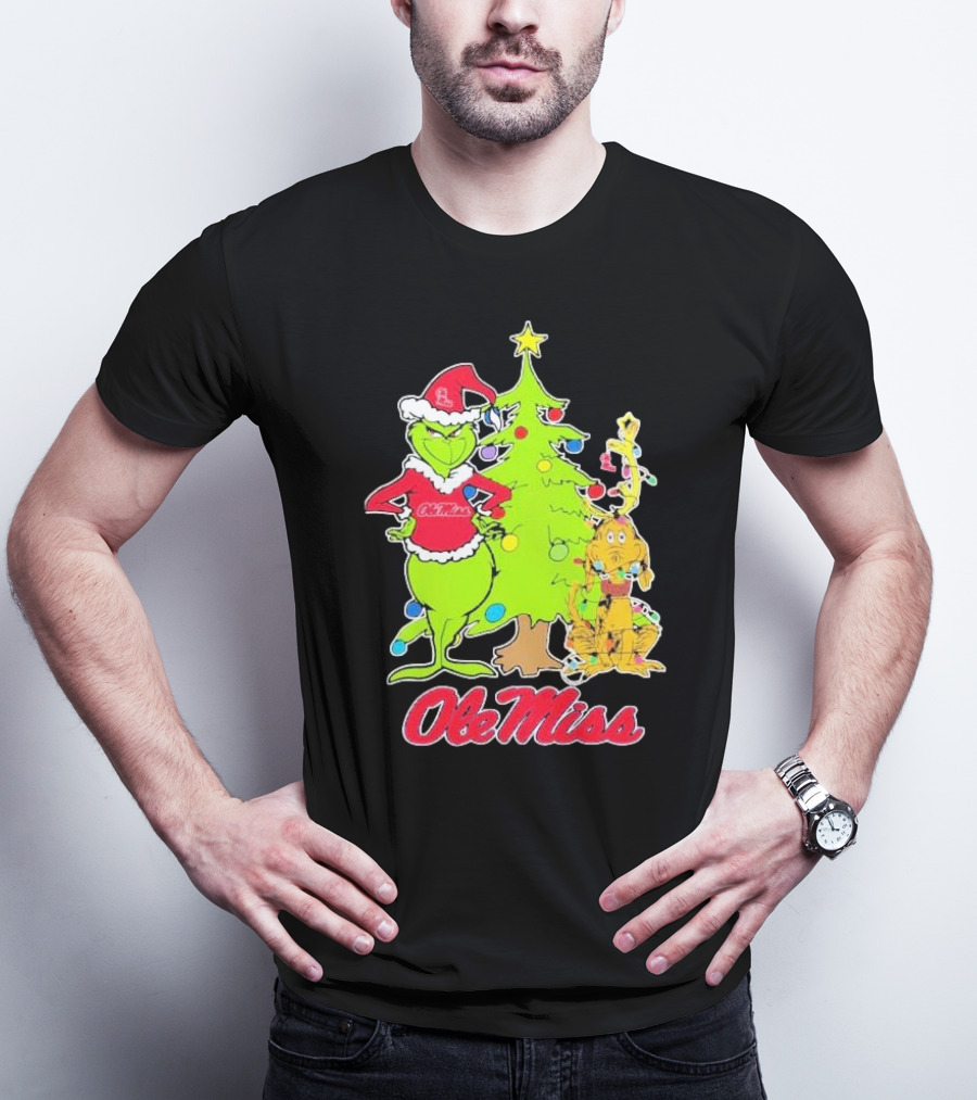 Ole Miss Rebels Grinch And Max Dog Christmas Tree T-Shirt
