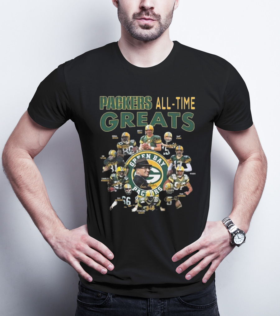 Packers All-Time Greats Green Bay Legends Signatures Brett Favre Bart Starr T-Shirt