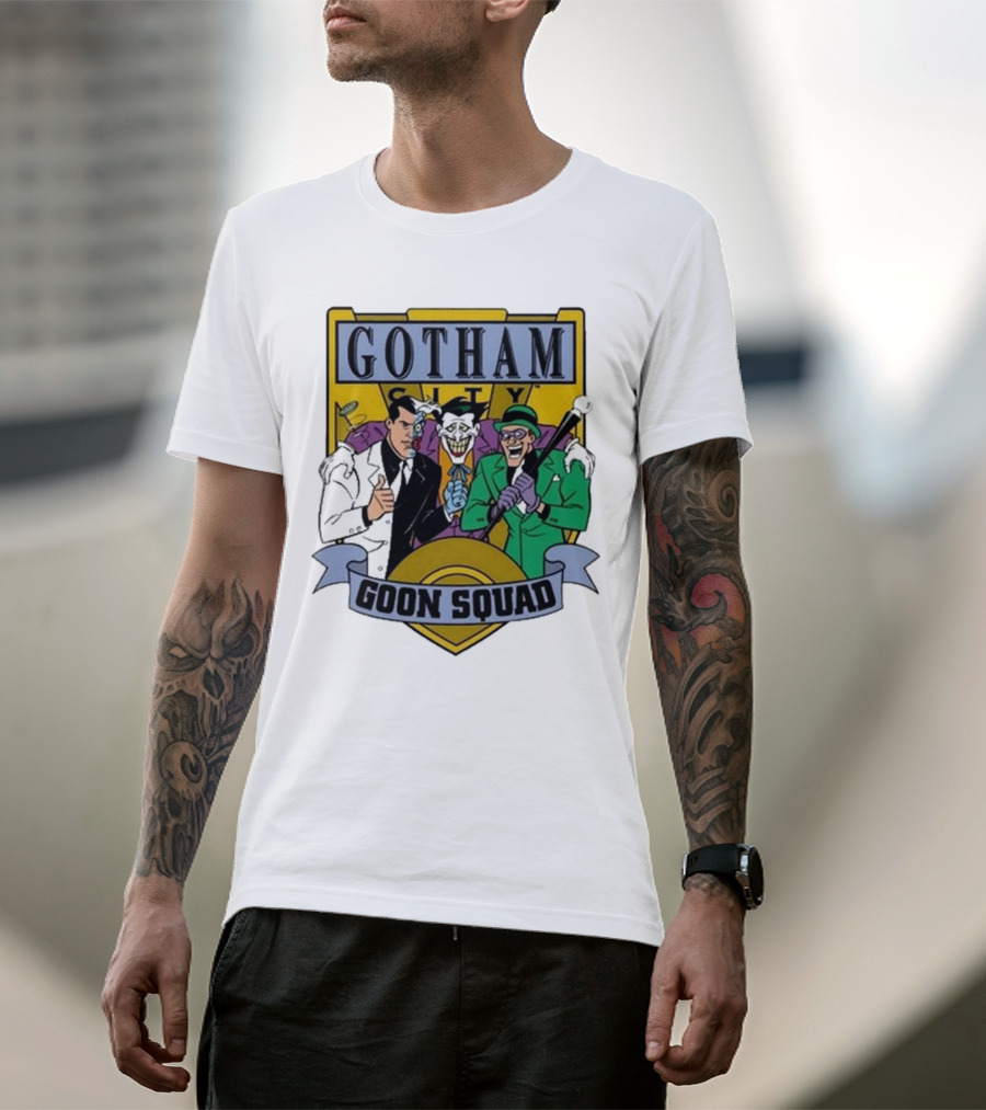 Gotham City Goon Squad Joker Riddler Two-Face Badge T-Shirt