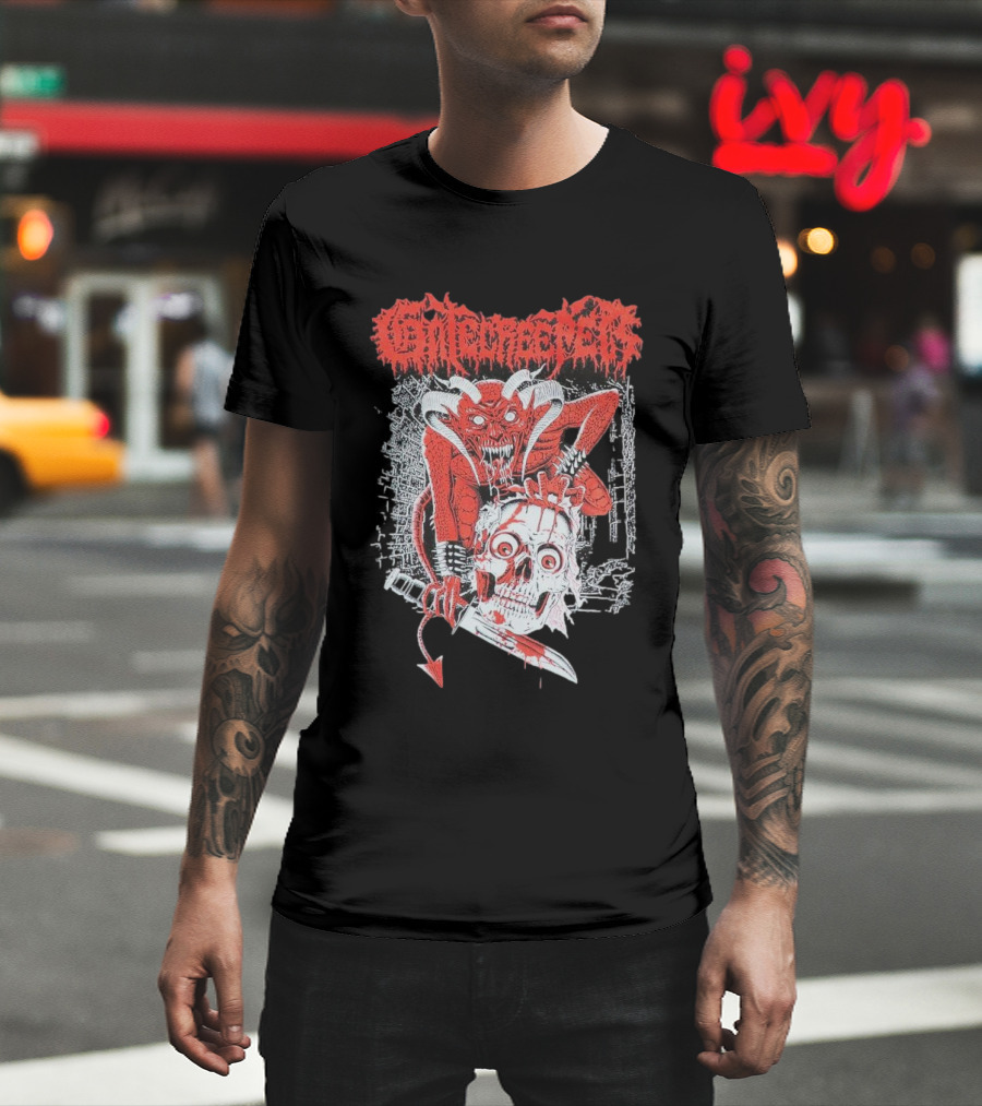 Gatecreeper Skinned Red Demon Skull Knife T-Shirt