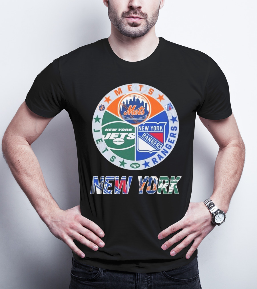 New York Mets Rangers Jets Circle Logo Skyline Baseball Football Hockey Teams T-Shirt