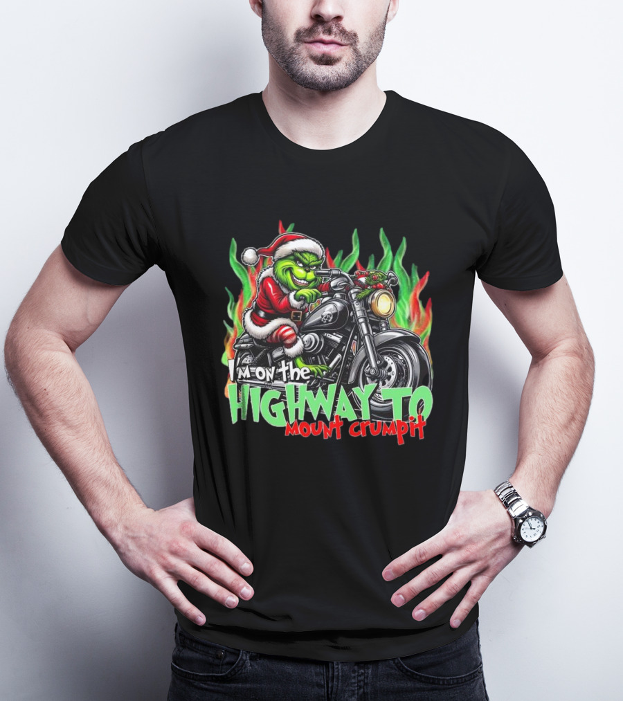 The Grinch Santa Riding Motorcycle On The Highway To Mount Crumpit Christmas T-Shirt