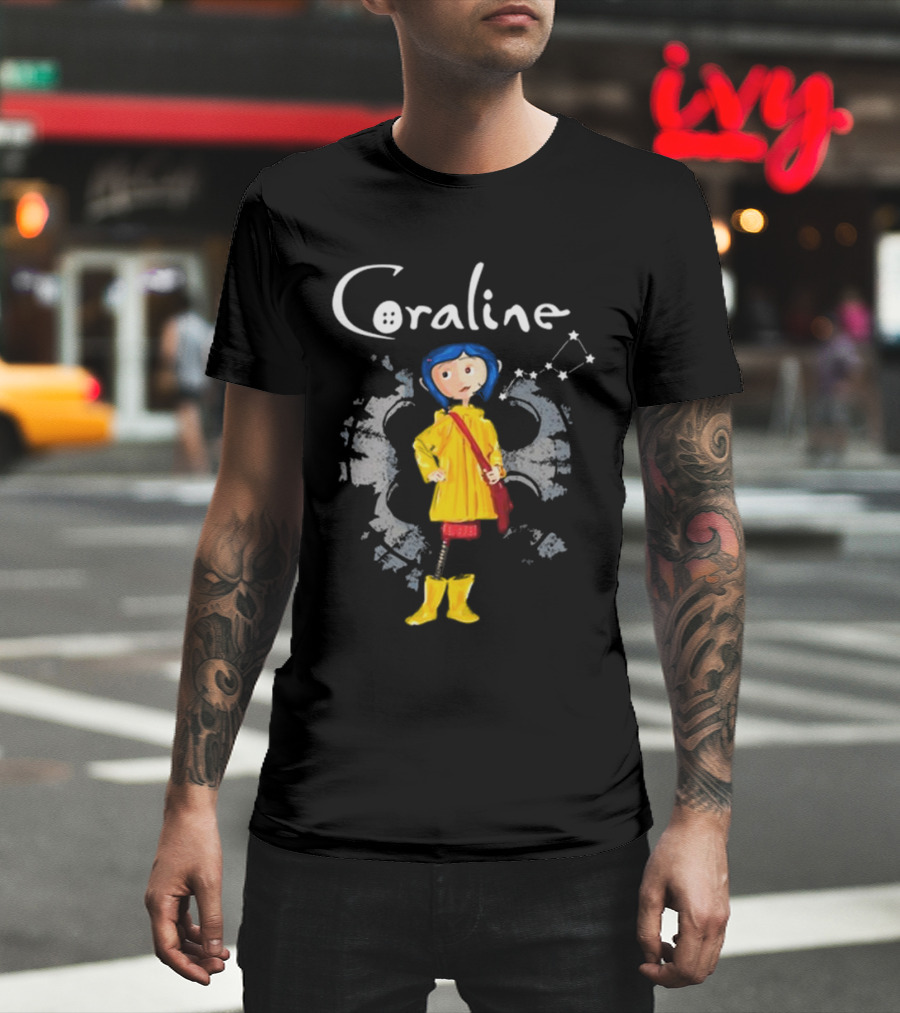 Coraline Character In Yellow Coat With Button Eyes And Star Constellation Background T-Shirt