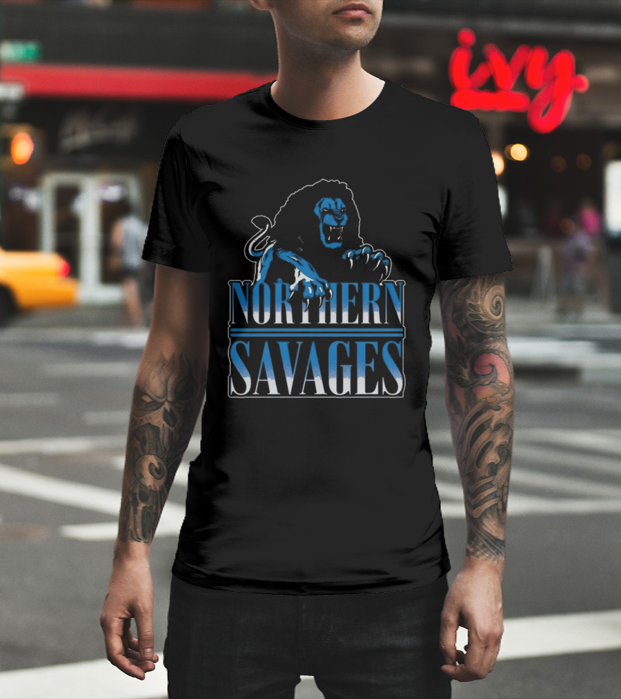 Detroit Lions Northern Savages Fierce Roaring Lion Motif T-Shirt