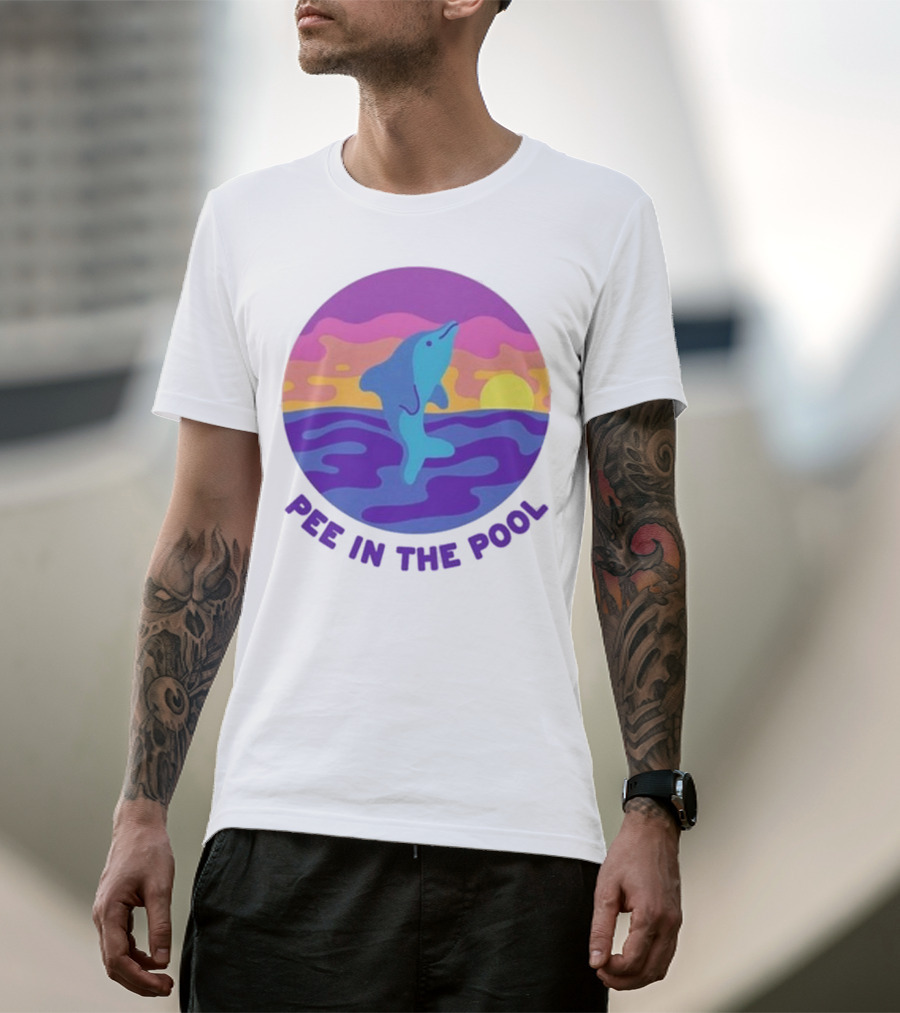 Pee In The Pool Dolphin Retro Sunset Ocean Scene T-Shirt