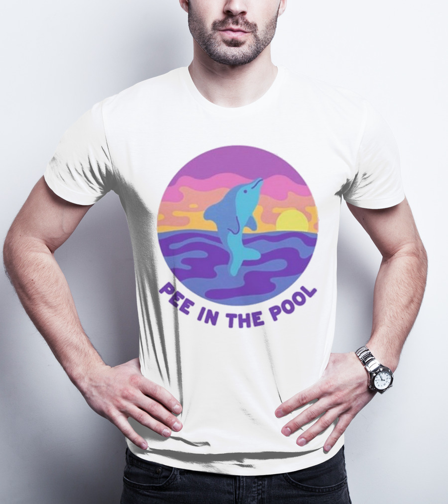 Pee In The Pool Dolphin Retro Sunset Ocean Scene T-Shirt