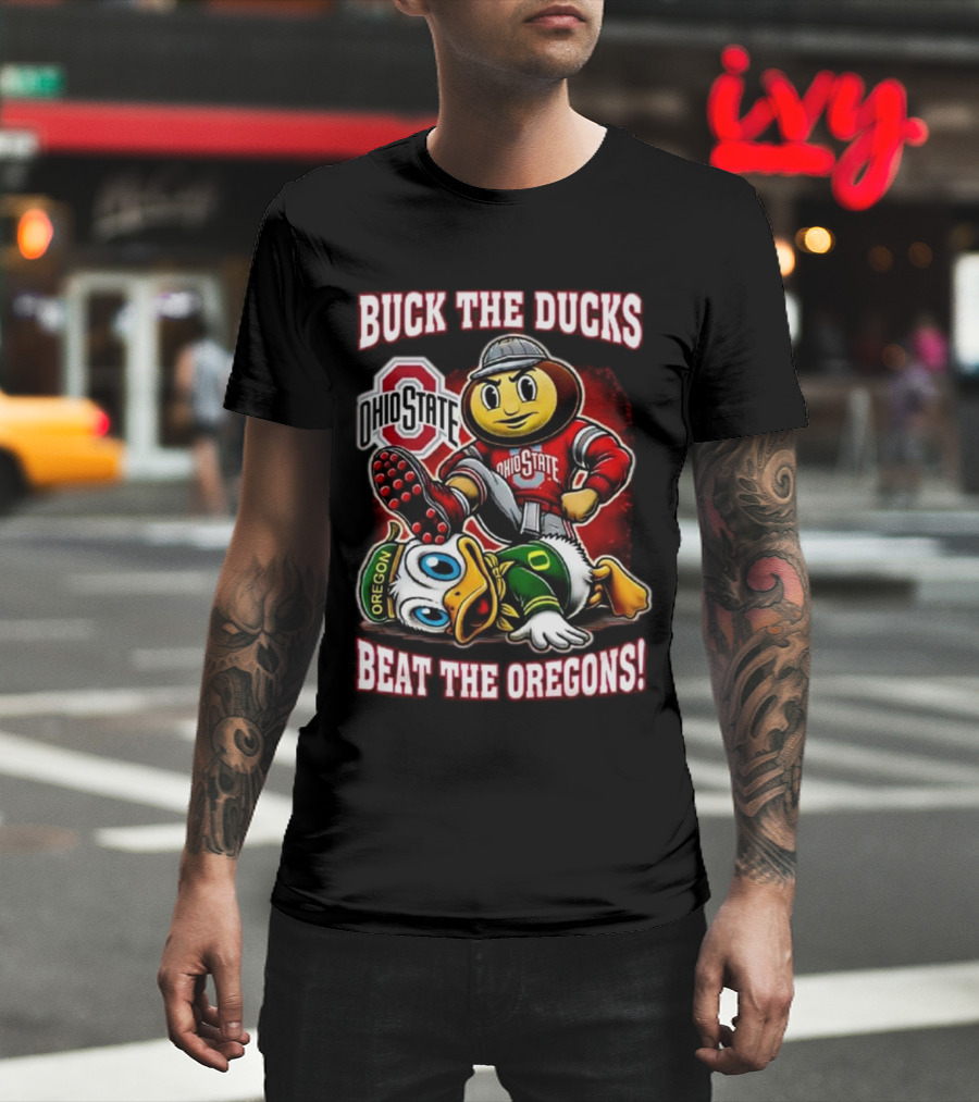 Ohio State Buckeyes Buck The Ducks Beat The Oregons 2025 Mascot Showdown T-Shirt