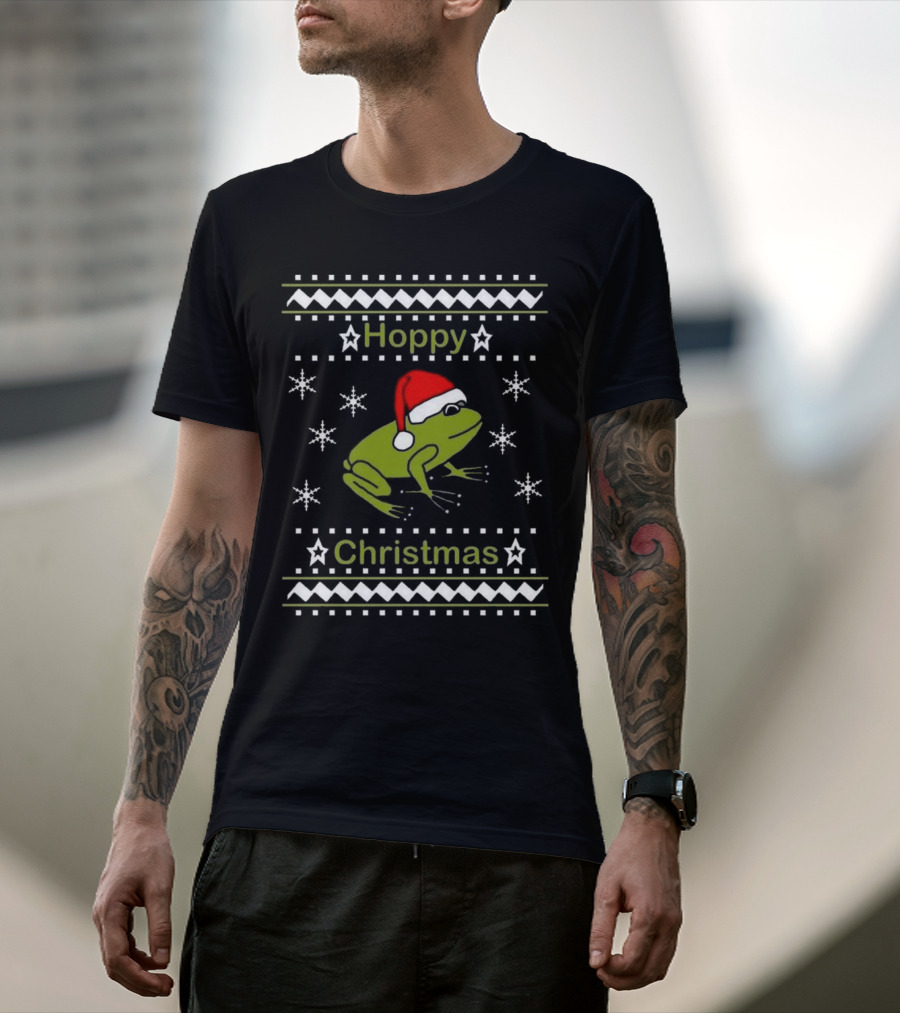 Hoppy Christmas Frog Wearing Santa Hat Surrounded By Snowflakes T-Shirt
