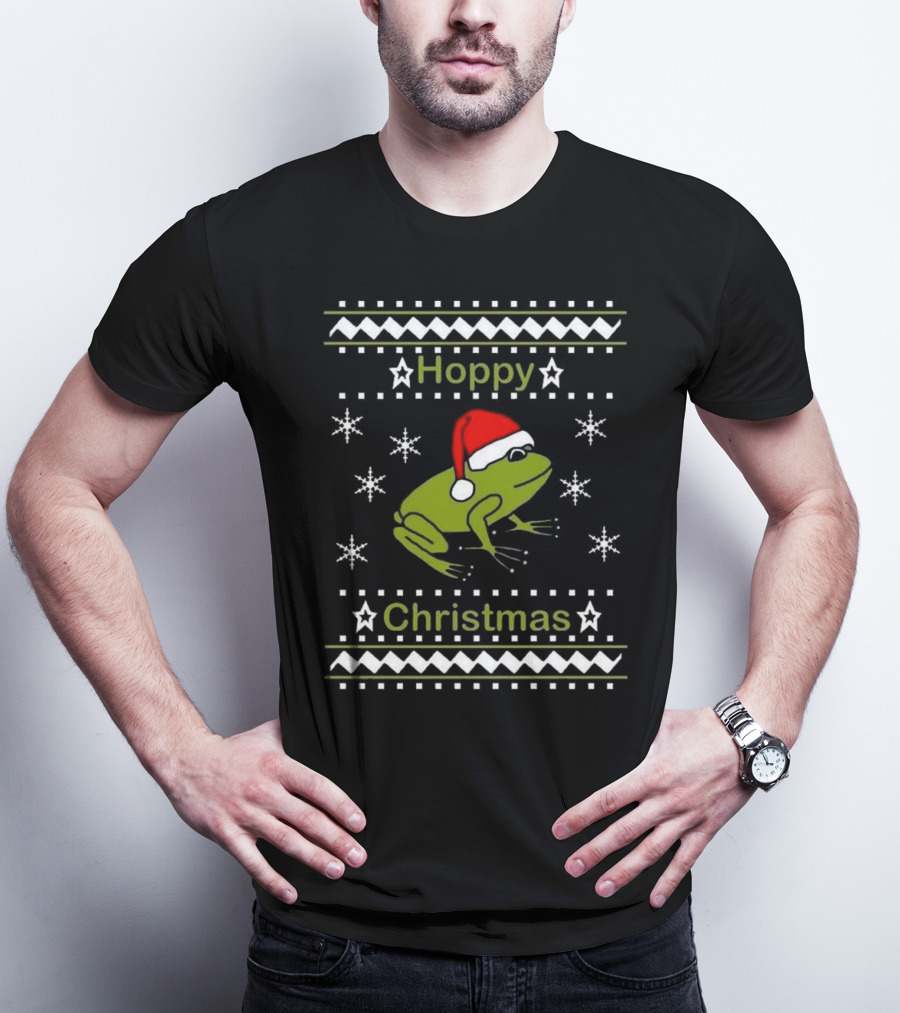 Hoppy Christmas Frog Wearing Santa Hat Surrounded By Snowflakes T-Shirt