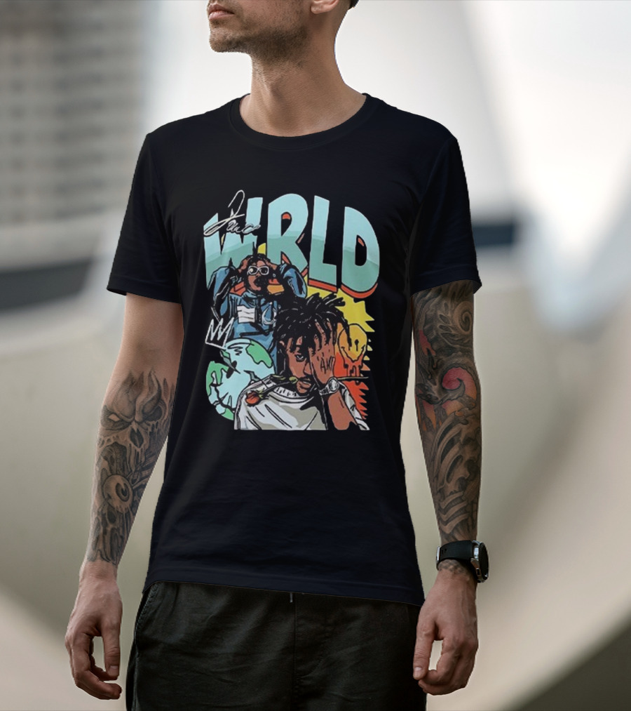 Juice WRLD Rapper Signature And Cartoon Globe With Crown T-Shirt