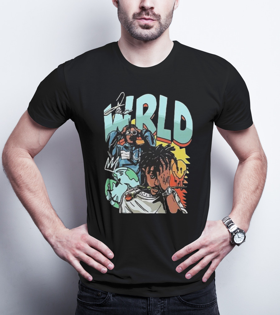 Juice WRLD Rapper Signature And Cartoon Globe With Crown T-Shirt