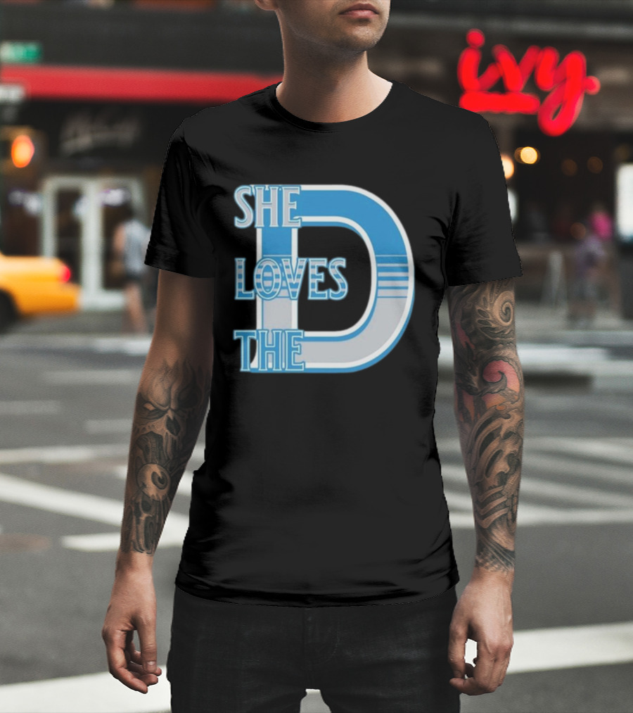 She Loves The D Detroit Blue Striped Lettering T-Shirt