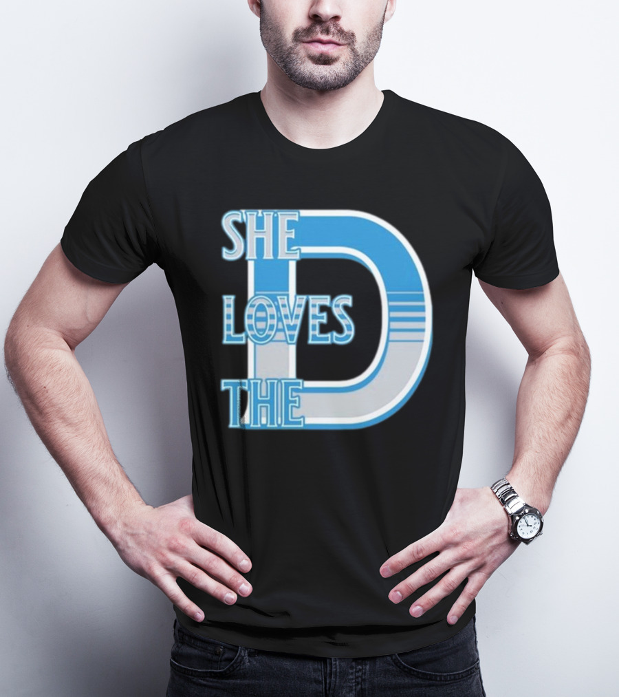 She Loves The D Detroit Blue Striped Lettering T-Shirt