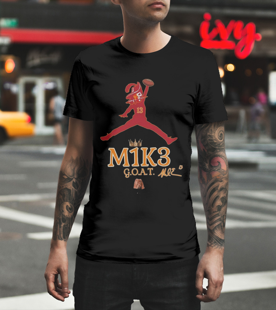 M1K3 G.O.A.T. Mike Evans 13 Buccaneers Signature Crown Football T-Shirt