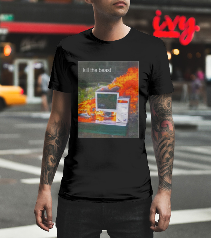 Kill The Beast Flaming Computer Dogecore Duel Monitors T-Shirt