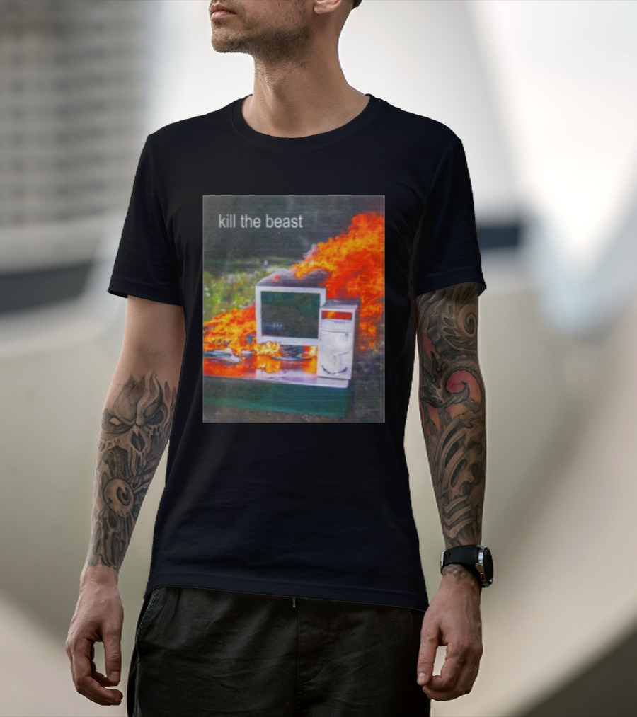 Kill The Beast Flaming Computer Dogecore Duel Monitors T-Shirt