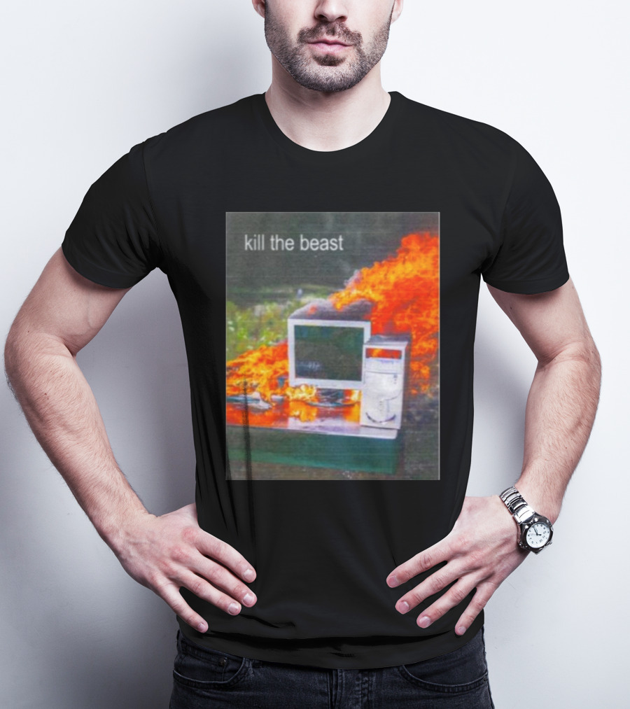 Kill The Beast Flaming Computer Dogecore Duel Monitors T-Shirt