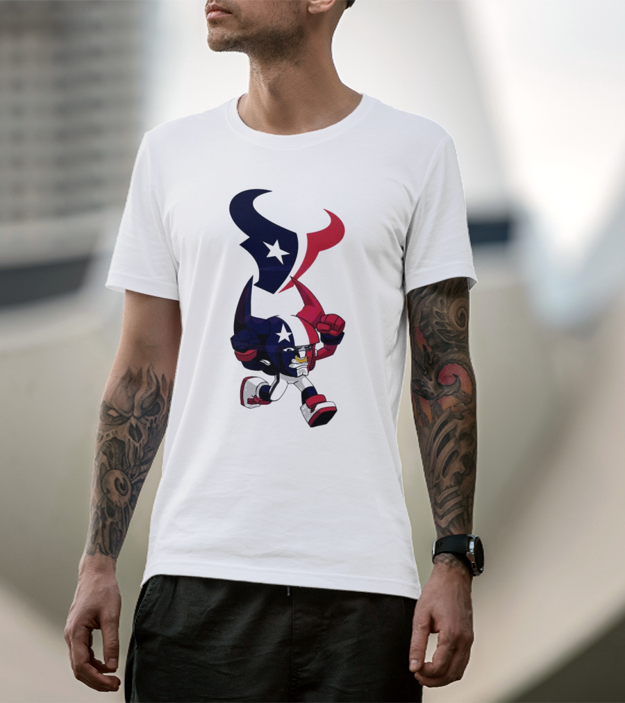 FL Rush Zone Houston Texans Cartoon Character 2025 Running Bull With Team Logo Star Helmet T-Shirt