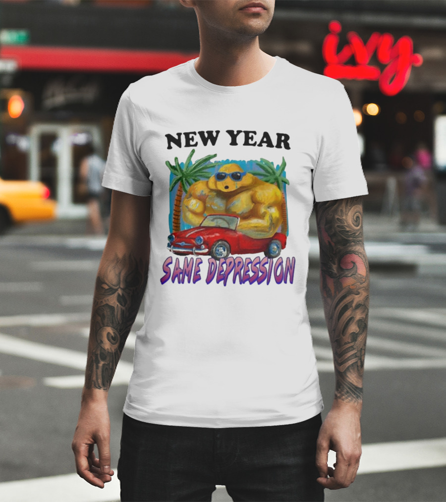New Year Same Depression Buff Duck Red Convertible Palm Trees T-Shirt