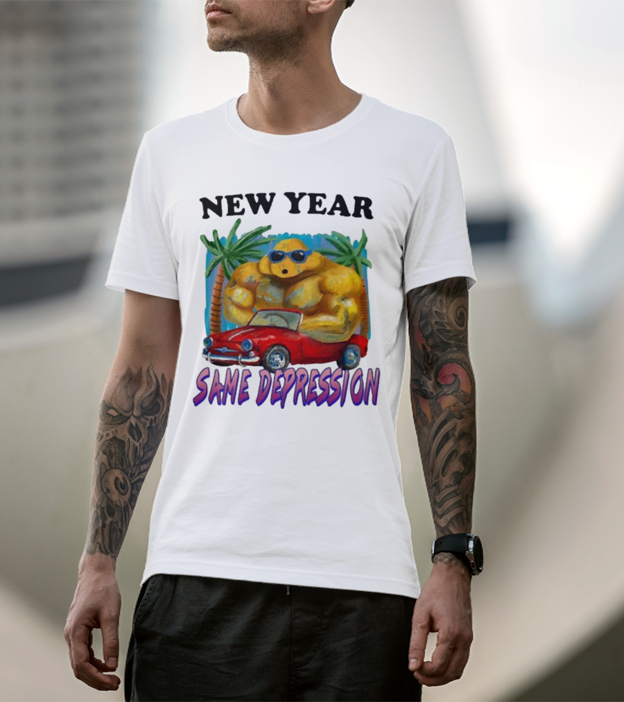New Year Same Depression Buff Duck Red Convertible Palm Trees T-Shirt