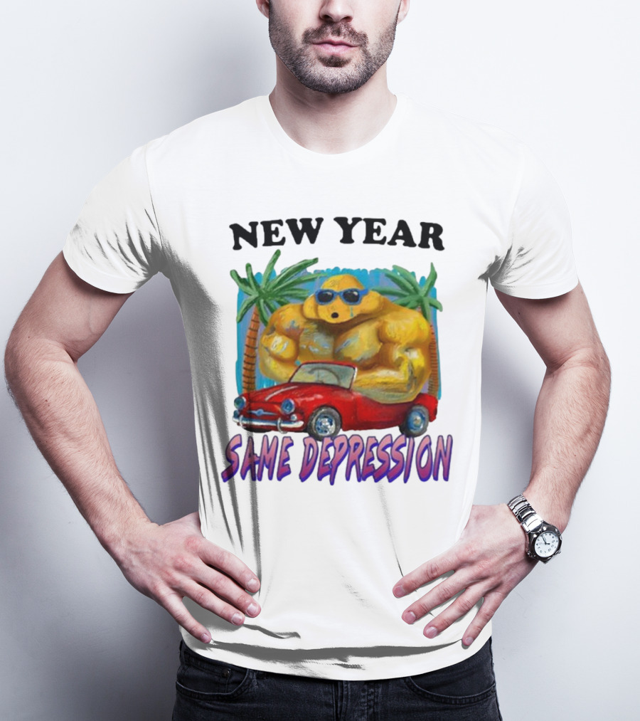 New Year Same Depression Buff Duck Red Convertible Palm Trees T-Shirt