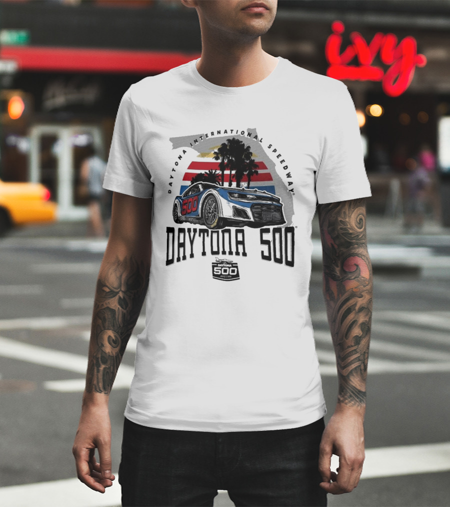 Daytona 500 Daytona International Speedway 2025 Racing Car Graphic With Palm Trees And Stripes T-Shirt