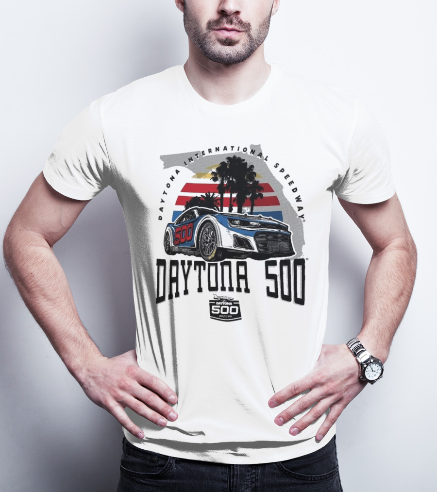 Daytona 500 Daytona International Speedway 2025 Racing Car Graphic With Palm Trees And Stripes T-Shirt