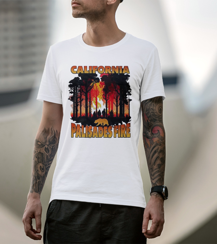 California Palisades Fire 2025 Forest Silhouette And Flames With Bear T-Shirt